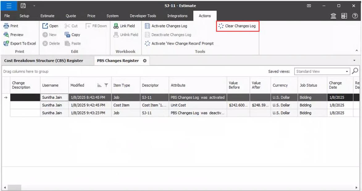 InEight Estimate - PBS Changes Register